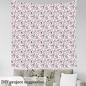Paris Upholstery Fabric by The Yard France Eiffel Tower Decorative Fabric Pink Butterfly Tower Waterproof Fabric Romance Couple Travel Theme Indoor Outdoor Fabric, 1 Yard, Pink White