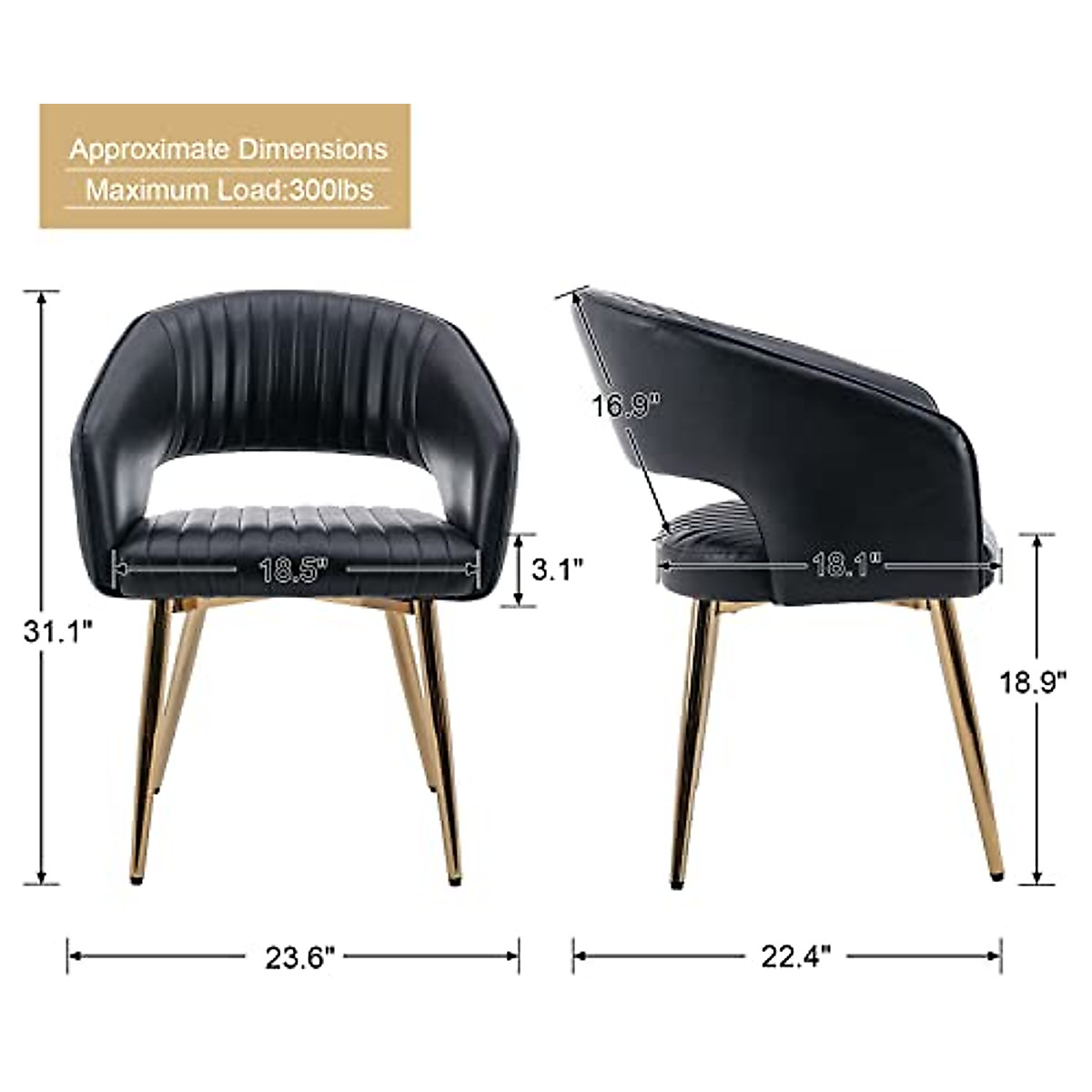 Guyou Set of 6 Modern Dining Arm Chairs Gold Legs, PU Leather Upholstered Dining Room Chair Hollow Back Guest Side Chair with Quilting Padded Cushion for Living Room (Black Faux Leather, 6 Pack)