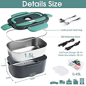 Electric Lunch Box Food Heater, Portable 60W Food Warmer Self Heating Lunch Box, 12V 24V 110V Heated Lunch Box for Car/Truck/Work–Leak Proof, 1.5L Removable 304 SS Container, Fork & Spoon & Carry Bag