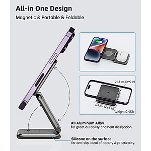 KU XIU Foldable Magnetic Wireless Charger, Aluminum Alloy 3 in 1 Charging Station for Apple, Fast Mag-Safe Charger Stand for iPhone 15 14 13 12 Pro/Max/Plus, for AirPods 3/2/Pro,5W for iWatch-Gray