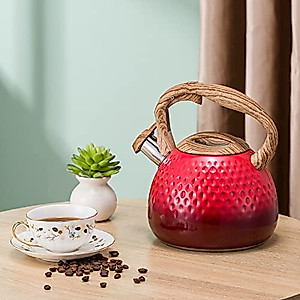 Tea Kettle, Stovetop Teapot, 2.7 Quart, Loud Whistle, Food Grade Stainless Steel and Smooth Wood Pattern Handle, Sophisticated Look for Hiking, Picnic, for Tea, Coffee, Milk (Red)