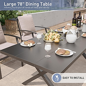 Kurapika 7 Piece Patio Dining Set Outdoor Furniture, Metal Patio Furniture Set 6 Fixed Chairs and Large Table with Umbrella Cutout for Deck Garden Backyard, Sand