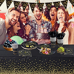 Black and Gold Happy Birthday Party Supplies Tableware Set-Dinner Dessert Cake Plates, Napkins, Cups, Tablecloth, Banner for Wedding Retire Party Decoration for 30th 40th 50th 60th Anniversary