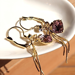 Sonateomber Purple Crystal Bow Drop Dangle Long Leverback Huggie Gold Earrings for Women - Elegant Sparkly Emerald Cutting Cubic Zirconia English Lock Dainty Tassel Jewelry Prom Gifts