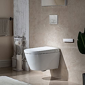 WOODBRIDGE Intelligent Compact Elongated Dual-flush wall hung toilet with Bidet Wash Function, Heated Seat & Dryer. Matching Concealed Tank system and White Marble Stone Slim Flush Plates Included