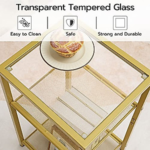 HOOBRO Side Table, 3-Tier Slim Nightstand with Storage Shelves, Modern End Table, Tempered Glass Bedside Table, for Living Room, Bedroom, Gold GD77BZ01