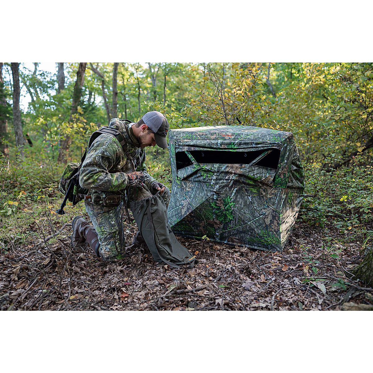 ALPS OutdoorZ Deception Pop Up Hunting Blind Featuring Unique Small Footprint Four Hub Design, Wide Windows with Silent Open, Extra Large Easy Access Door, Mossy Oak Obsession