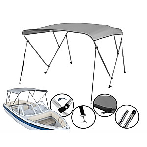 Pactrade Marine Boat 3 Bow Big Bimini Top Canopy Cover UV Waterproof Grey Canvas 600D Oxford Fabric PU Coating Aluminum Poles Straps