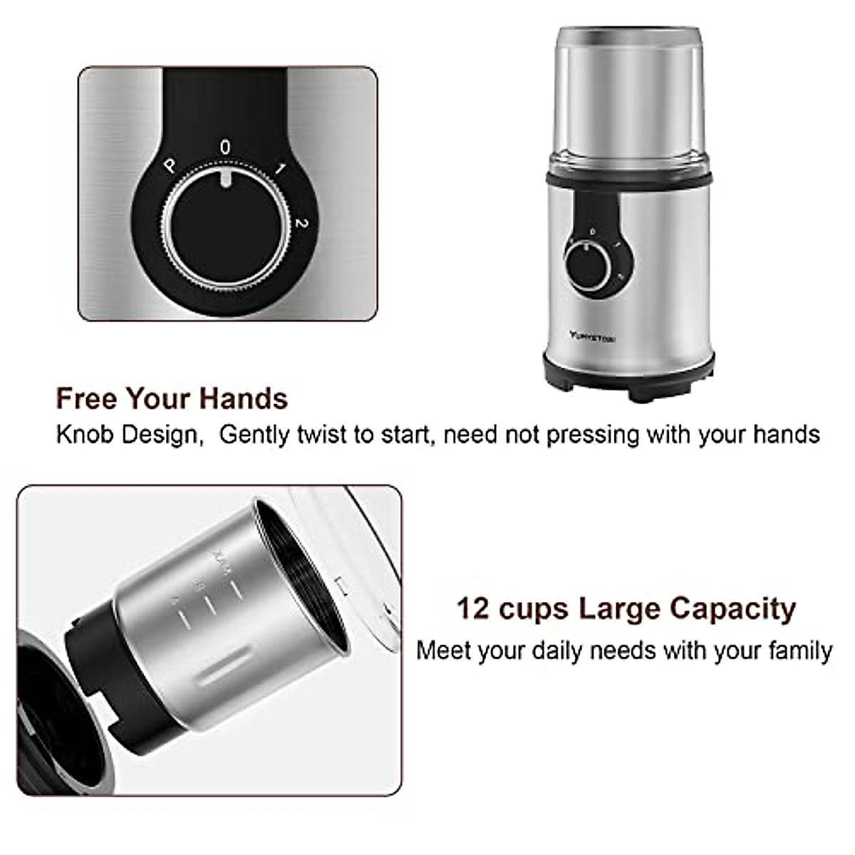 Coffee Grinder Electric, Spice Grinder with with 2 Detachable Stainless Steel Bowls, with Anti-splash Cover & Brush, 3.88oz/110g Capacity Coffee Bean Grinder, Dry & Wet for Corn Kernels, Herbs, Nuts