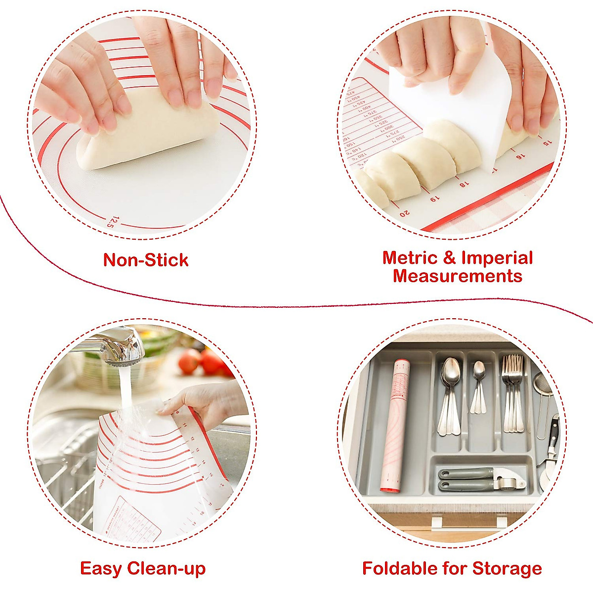 Mixoo Silicone Baking Mat with Wooden Rolling Pin Set - Non-Stick Food Safe Dough Rolling Pastry Mat with a French Rolling Pin and 2 Dough Scrapers for Baking, Fondant, Pie Crust, Pizza, Bread, Cookie