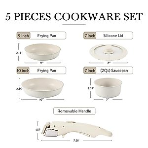 CAROTE Nonstick Cookware Sets, Non Stick Pots and Pans Set Detachable Handle, Kitchen Cookware Sets with Removable Handle, Stackable RV Cookware for Campers, Dishwasher/Oven Safe (White 5 PCS)