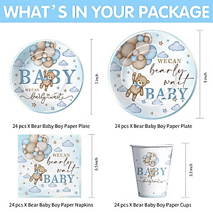 Suhelkit Bear Baby Shower Decorations Tableware - We Can Bearly Wait Baby Shower Decorations Boy, Paper Plate, Napkin, Cup, Cutlery, Tablecloth, Blue Teddy Bear Baby Shower Party Supplies | 24 Guests