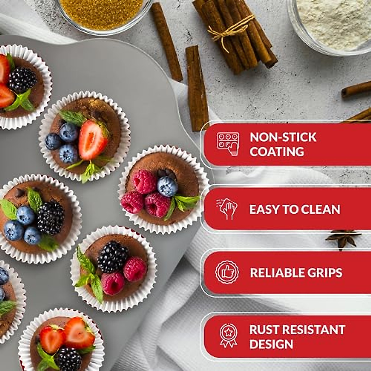 Boxiki Kitchen Non-Stick 12 Cup Silicone Muffin Pan With Steel Frame - BPA Free, Non-Toxic, Anti-Warp, Durable & Easy to Pop Silicone Muffin Tin - Perfect Cupcake Pan