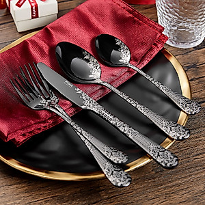 Fivent Floral Damask Rose Black Cutlery Set - 20 pcs - Includes 8 x Spoons, 8 x Forks, 4 x Knife - Stainless Steel, Dishwasher Safe, Mirror Polished Tableware - Durable Flatware - Home Kitchen