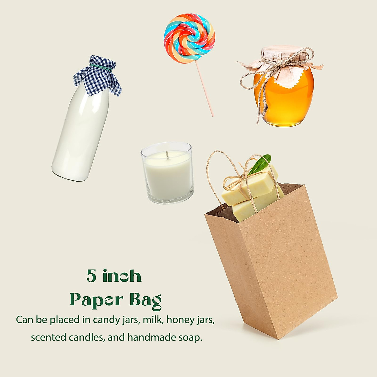 MESHA Kraft Paper Bags 5.25x3.75x8 Brown Small Gift Bags with Handles Bulk,100 Pcs Kraft Paper Bags for Small Business,Birthday Wedding Party Favor Bags,Paper Shopping Bags