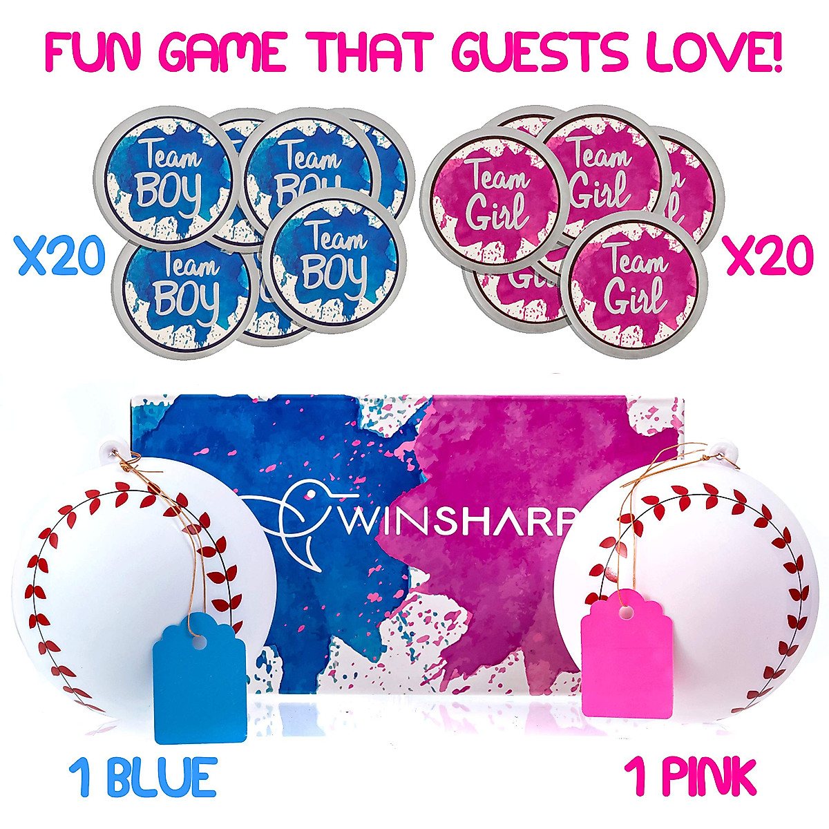 Gender Reveal Baseball Set - 2 Balls - Pink and Blue Exploding Gender Reveal Ball with Powder Plus 20 Pink & Blue Baby Gender Voting Stickers & Baseball Or Bows Party Supplies Decorations Baby Reveal