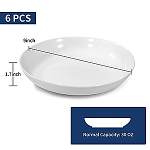 Cnyiyeci Pasta Bowls 30oz, Salad Plates 6 Packs 9” Large White Ceramic Serving Bowls Shallow for Noodles Salad oven Dishwasher Safe