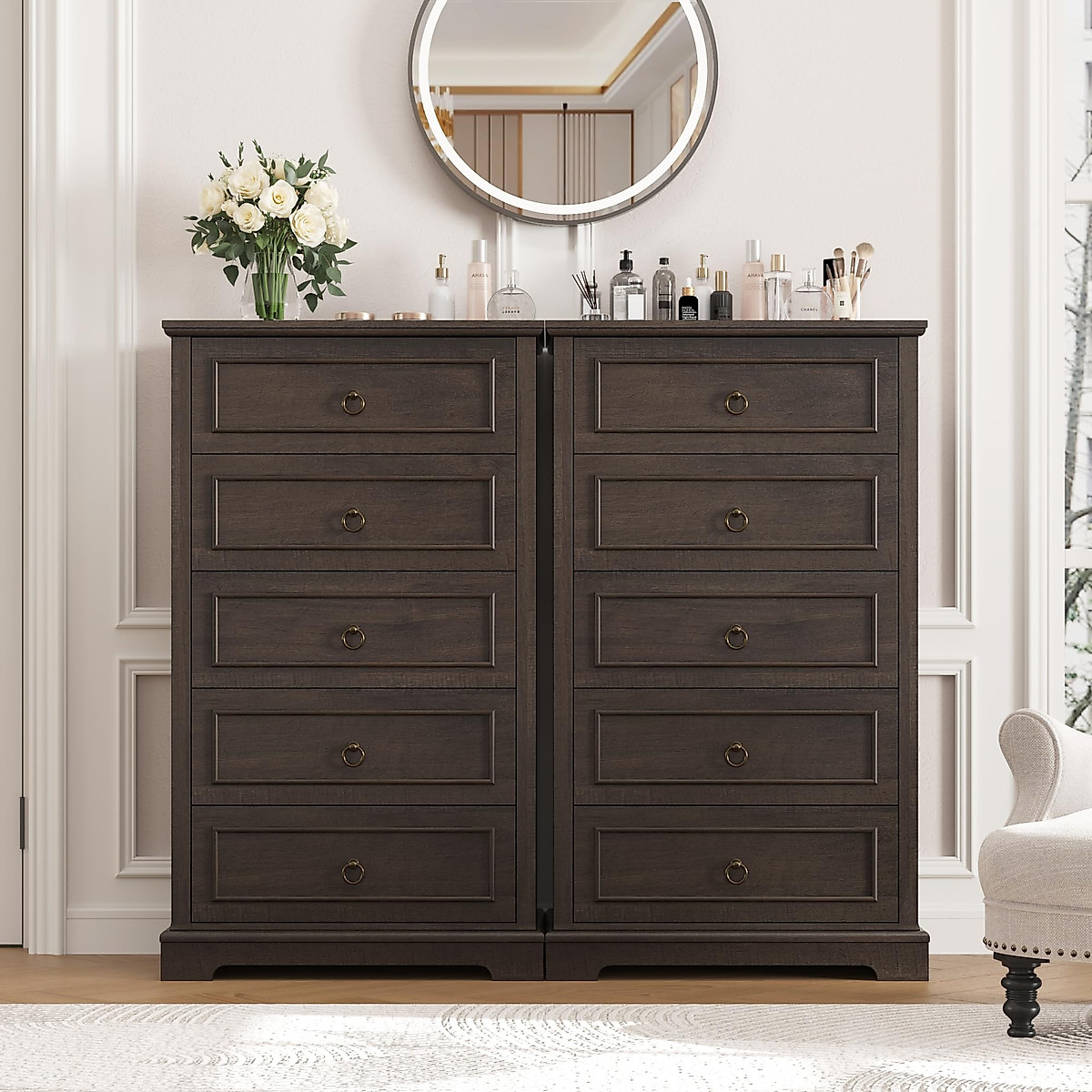 HOSTACK 5 Drawer Tall Dresser, Modern Farmhouse Chest of Drawers, Wood Dressers Organizer, Accent Storage Cabinet for Living Room, Hallway, Home Office, Dark Brown