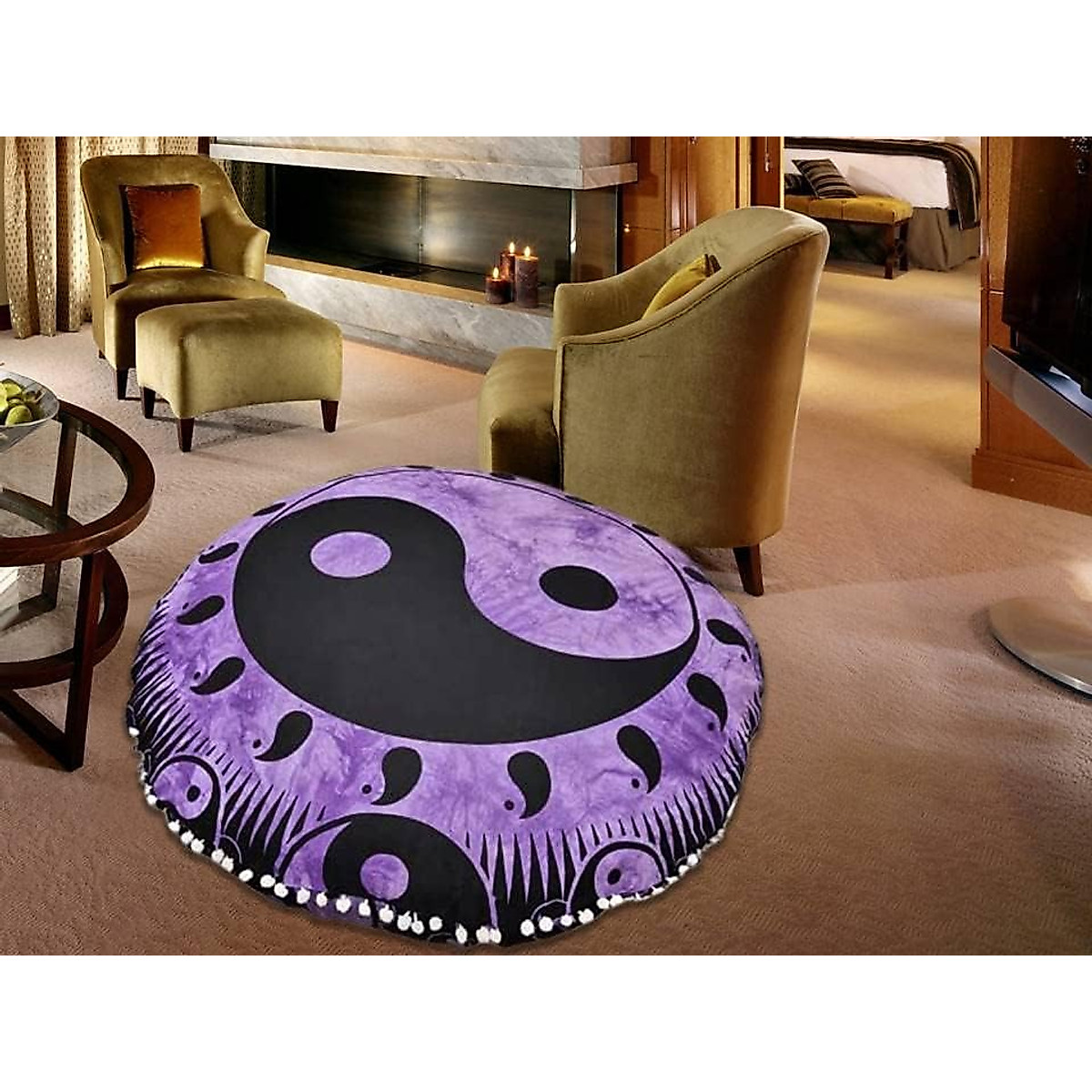 My Dream Carts 32" Floor Cushion “Cover Only” Round Yin Yang Boho Mandala Bedroom Bohemian Throw Seating Big Pillows for Yoga Balcony Garden Party Home Decor Purple (32” Pillow Cover, Without Insert)