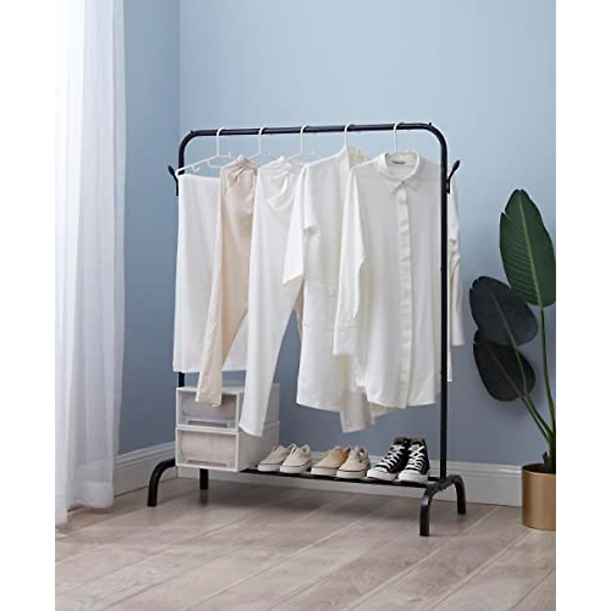 WEASHUME Clothes Rack 43.3 Inches Garment Rack,Coat stand with Bottom Shelf Portable Metal Clothing Rack for Hanging Clothes Coat Rack Black