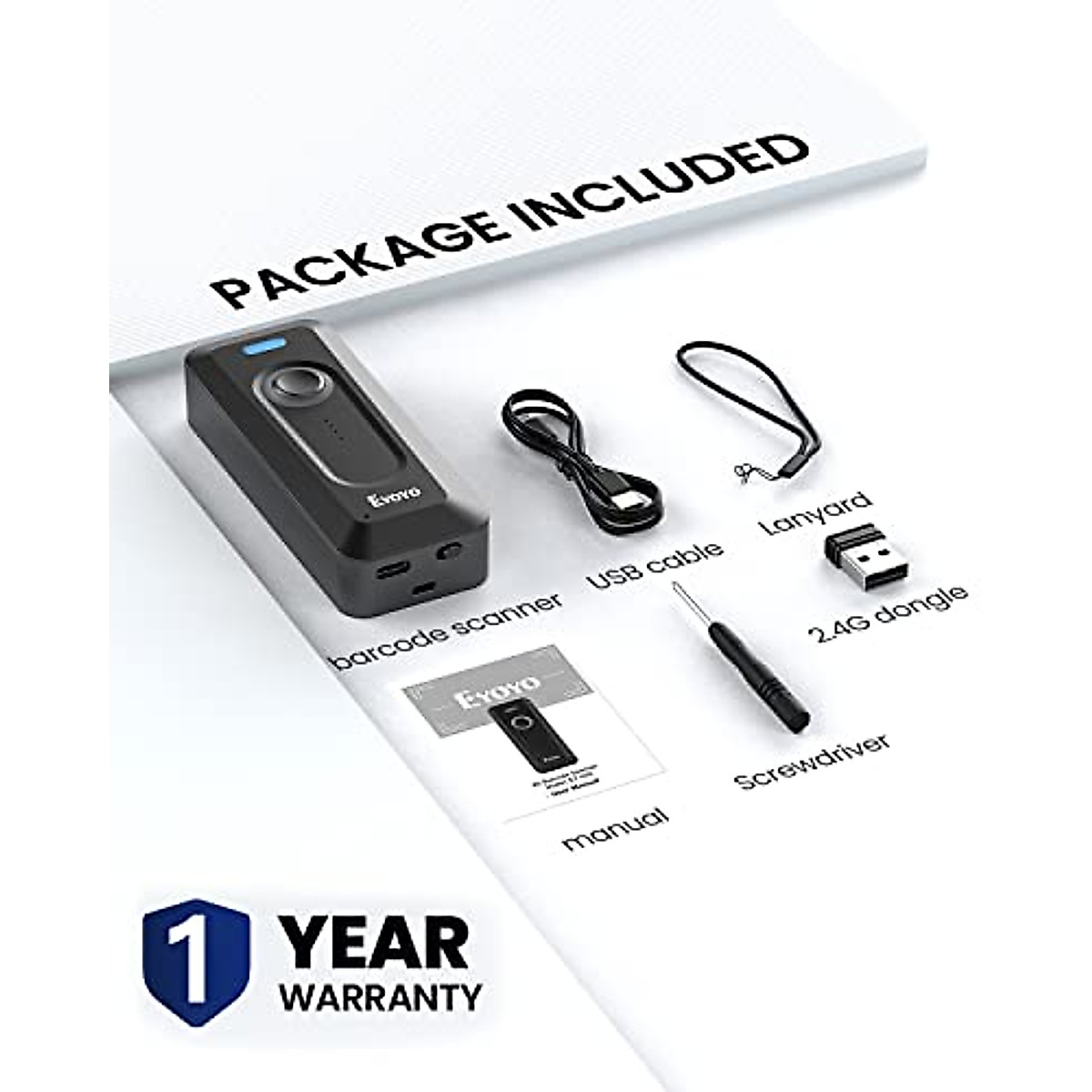 Eyoyo 2D Bluetooth Barcode Scanner Wireless with Clip, 2000mAh Battery with Level Indicator, Portable Mini QR Bar Code Reader for Library Book Inventory Compatible with iPhone, iPad, Android Phone