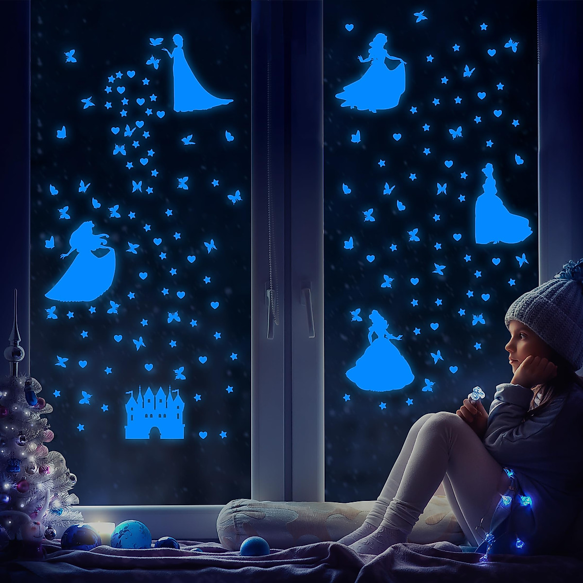 Glow in The Dark Princess Castle Wall Sticker, Self-Adhesive Star Butterfly Wall Decal for Girl's Room, Fluorescent Sticker for Ceiling Nursery (Blue)