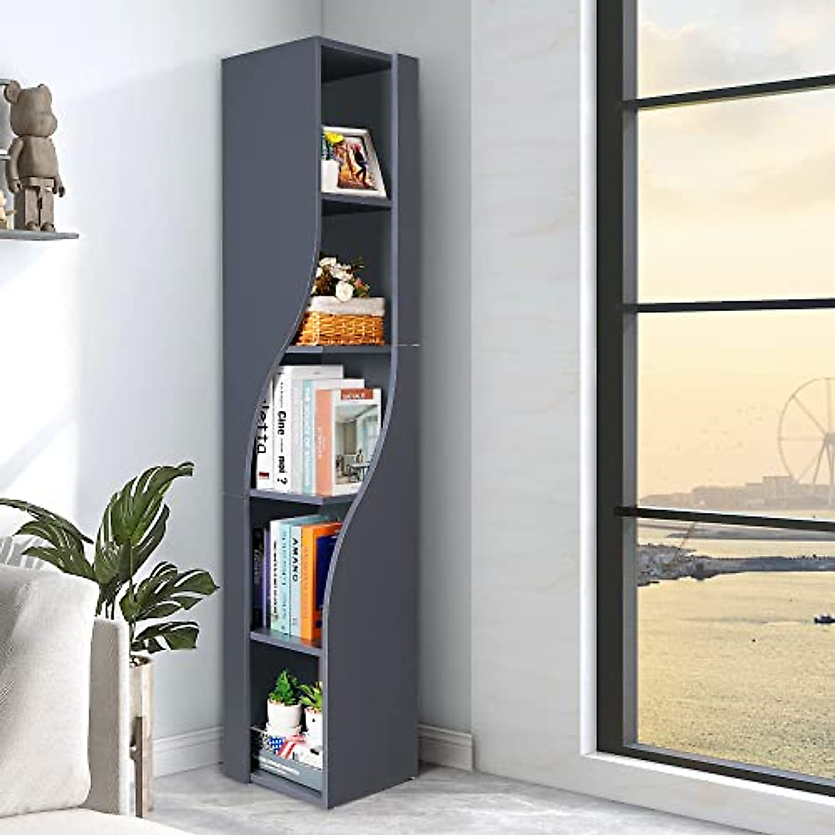 AOTIFARM Wall Corner Bookcase Tall Bookshelf Storage Organizer 5 Tiers Corner Shelf Stand Wood Display Storage Rack Home Furniture Natural Wood Ladder Shelf