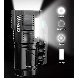 Wrrozz LED Flashlight USB Rechargeable, High Lumens Tactical Light with Sidelight, 4X LED, Zoomable, Handheld Super Brightest Flashlights, Portable Torch for Outdoor Camping Emergency Lantern