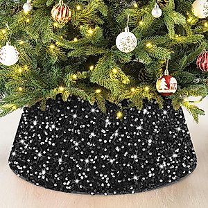 FANPROMS Black Christmas Tree Collar 23.6 Inches Diameter Base Glittery Sequins Xmas Tree Ring for Rustic Artificial Tree Skirt Woven Tree Bark Collar Thick Velvet Tree Cover Supply