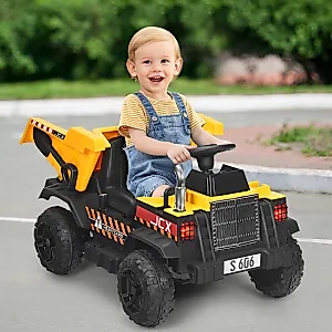 Costzon Ride on Car, 12V Ride on Dump Truck w/Remote Control, Electric Dump Bed, Music, Horn, USB, AUX, Treaded Tires, Shovel, 3 Speeds, Battery Powered Construction Vehicle, Electric Car for Kids