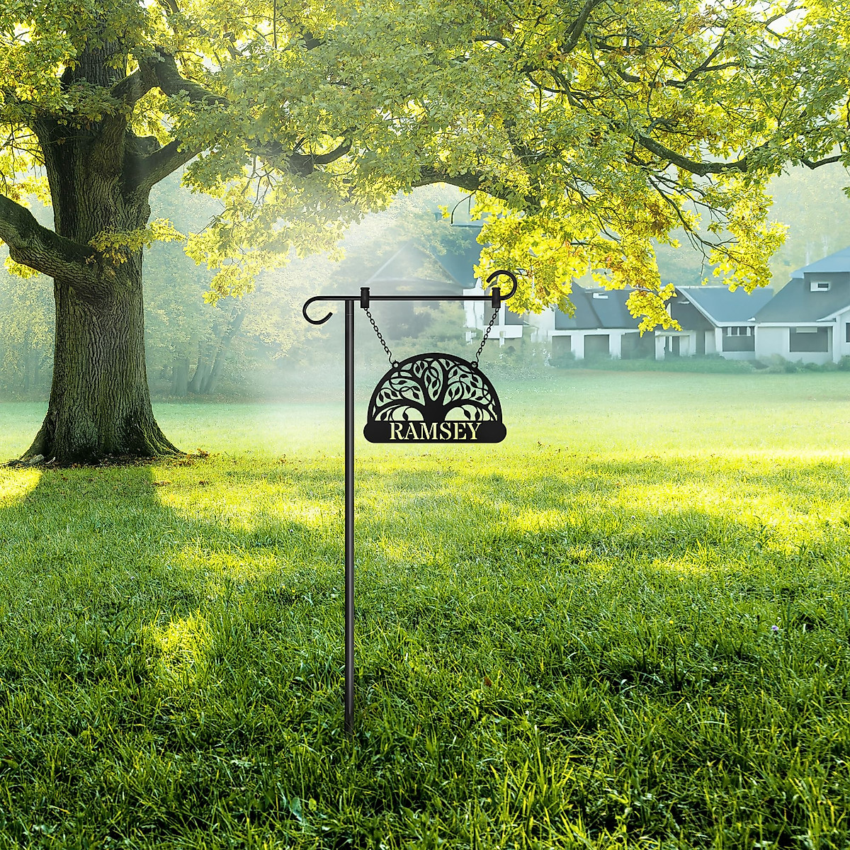 Personalized Tree of Life Hanging Metal Sign - Garden Flag Hanging Sign with Last Name - Custom Hanging Sign on Optional Adjustable 34-50" Pole for Outdoors Porch, Driveway