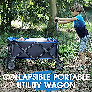 PORTAL Collapsible Folding Utility Wagon Cart Heavy Duty Foldable Outdoor Garden Camping Cart with Removable Fabric, Grey/Blue