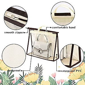 Handbag Storage Organizer 2 Pack Dust Cover Bag Transparent Anti-dust Storage Purse Organizer for Closet and Wall Shelf, with Zipper and Handle Space-saving Storage Handbag Organizer (Beige)