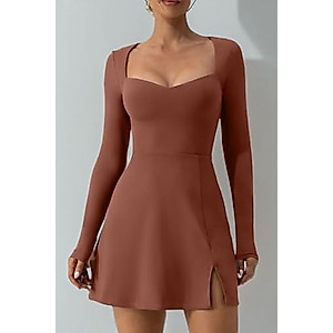 QINSEN Brown Dress for Womens Long Sleeve Sweetheart Neckline Bodycon Mini Dress for Casual L