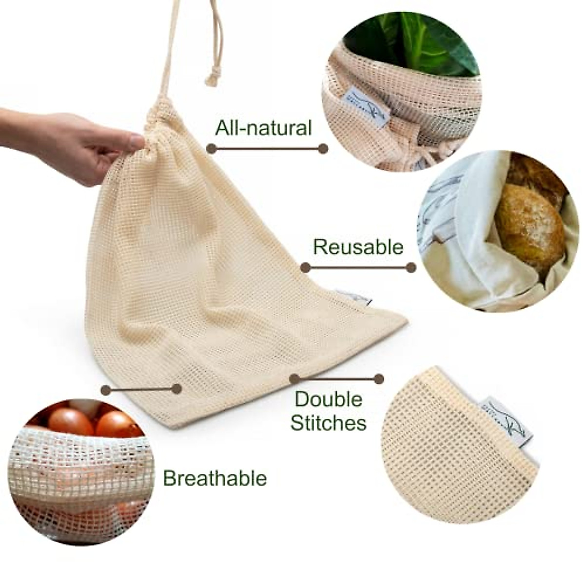 Pretty Wallaby| Onion&Potato Reusable Mesh Bags| Vegetable Storage Bags| 100% Cotton| Set of 3 X-Large Bags&1 Large Linen Bread Bag