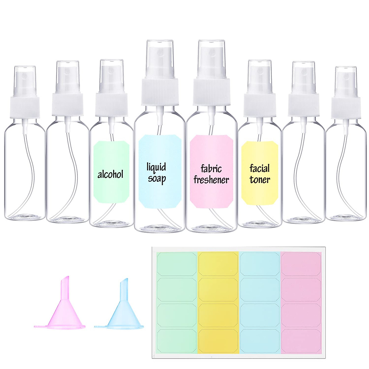 Mandydov 8 Pack Clear Empty Mini Little Spray Bottles, Fine Mist 2oz / 55ml Refillable Pocket Size Sprayer Plastic Mini Travel Bottle Set Makeup Bottles with 2Pcs Funnels and 4 Color Labels