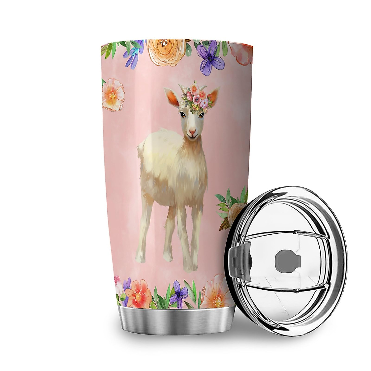Goat Tumbler With Flip Lid - Flower Stainless Steel Insulated Travel Mug for Hot and Cold Drinks, Hiking, Camping, Office - 20oz Coffee Cup