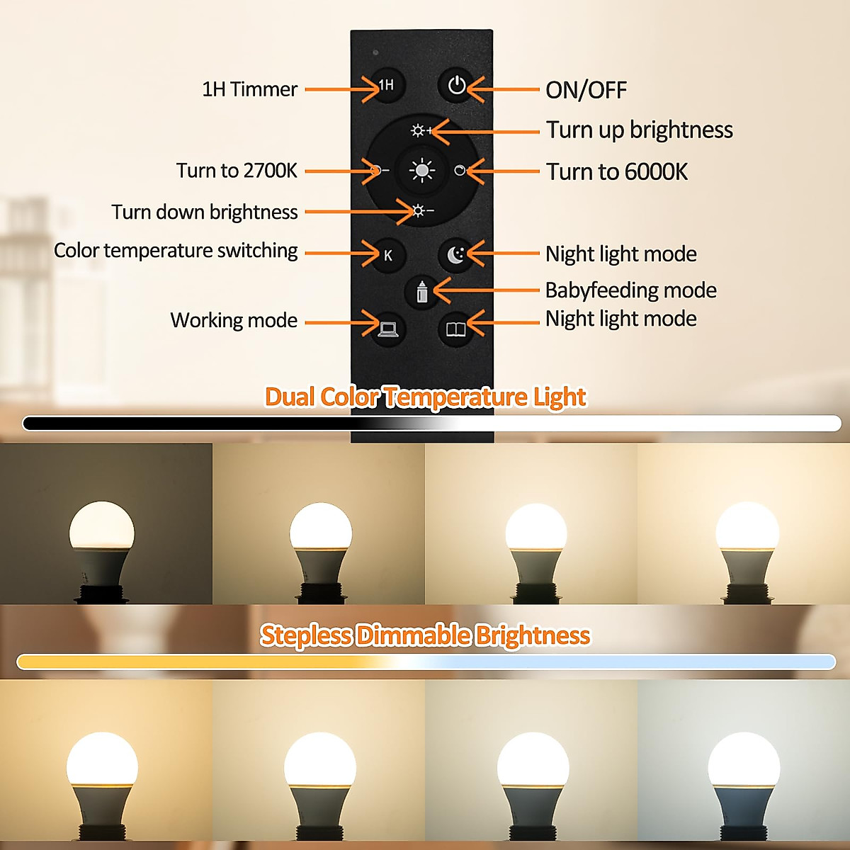 Brilvibera A19 LED Light Bulbs, E26 Dimmable Bulb with Remote Control, Warm White 2700k-6000K, 35000+ Hours Lifespan, Edison Dimmable LED Bulb for Floor Lamp, Desk Lamp, Pendant Light