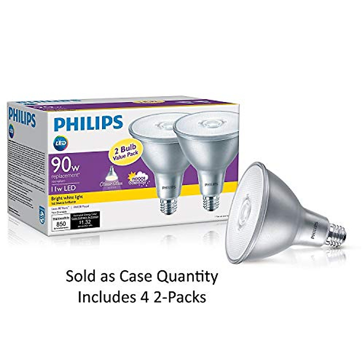 Philips LED Indoor/Outdoor Classic Glass Non-Dimmable PAR38 40-Degree Flood Light Bulb: 900-Lumen, 3000-Kelvin, 11-Watt (90-Watt Equivalent), E26 Base, Bright White, 8-Pack
