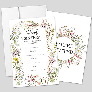 AEHIE 16th Birthday Garden Wildflowers Invitation Cards with Envelopes, 20 Count, Multicolor