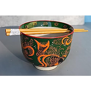 Ebros Gift Colorful Green And Yellow River Koi Fishes With Crystals Ramen Udong Noodles Bowl With Built In Chopsticks Rest and Bamboo Chopstick Set for Kitchen Dining Soup Rice Meal Bowls (1)