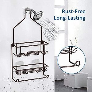 Shower Caddy Hanging over Shower Head Rust Roof Shower Organizer with 10 Hooks for Razor Shampoo Holder Bathroom Shower Rack Storage Shelf with Towel Bar – Bronze