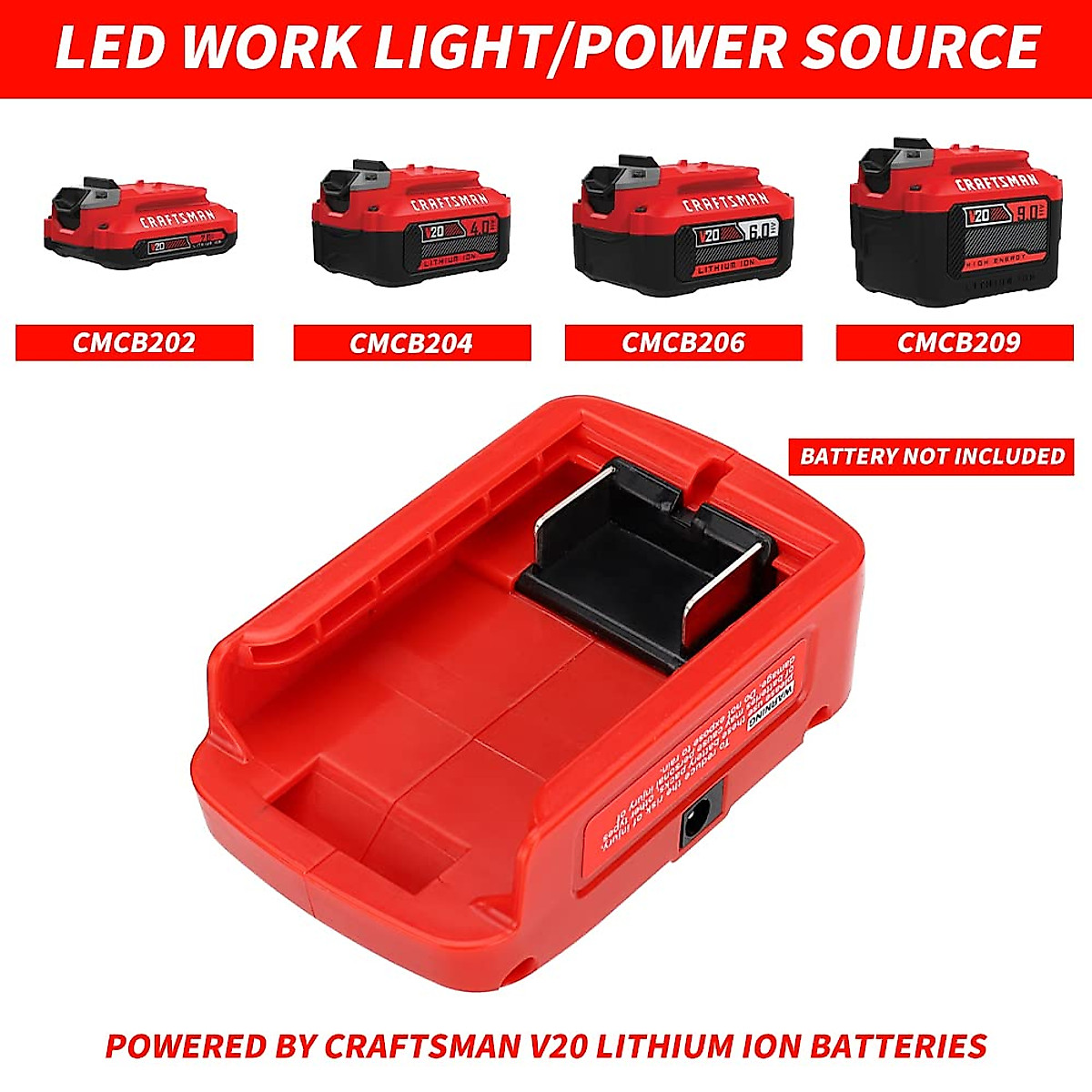 Hiesuan Battery Adapter Charger for Craftsman V20 Li-ion Battery, Power Source with 3W 140LM LED Light, 2 USB Ports, 12V DC Port Flashlight Worklight Outdoor Camping Lantern Light