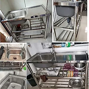 KITCHEN SINK Laundry sink/outdoor station with hose hook up, portable for washing hands, commercial restaurant utility fish cleaning table,stainless steel faucet, 39.4x17.7x31.5in/100x45x80cm