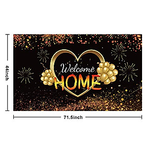 Lnlofen Welcome Home Banner Sign Decorations, Large Welcome Home Backdrop Supplies, Black Gold Homecoming Poster Photo Props for Home Decoration Family Party Decor(6X3.6ft)