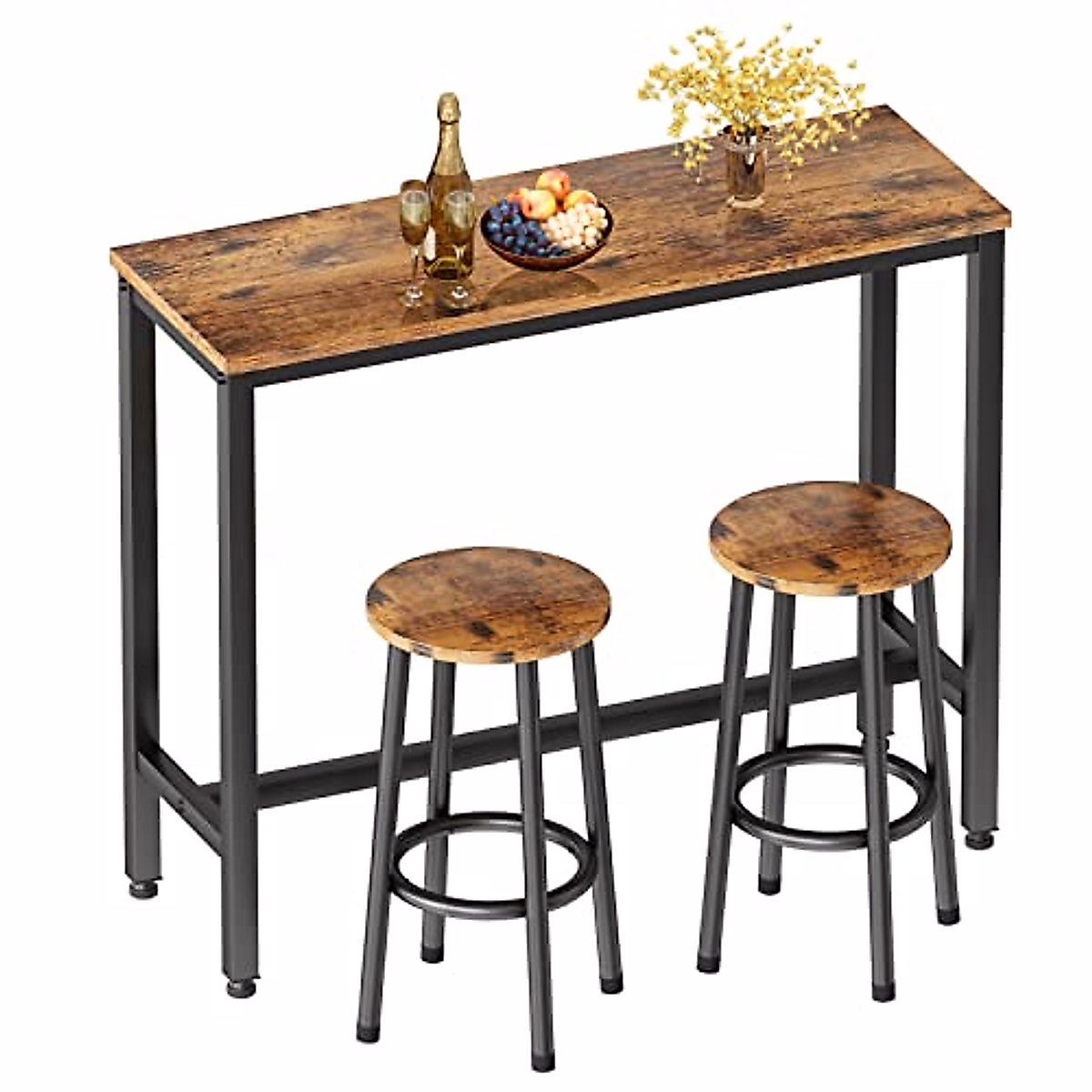 Hooseng Bar Table Set, 3 Piece Dining Table Set, Breakfast Bar Table for 2, Rectangle Kitchen Table Set with Steel Frame Pub Table for Small Space, Farmhouse, Cafe, Kitchen, Dining, Rustic Brown