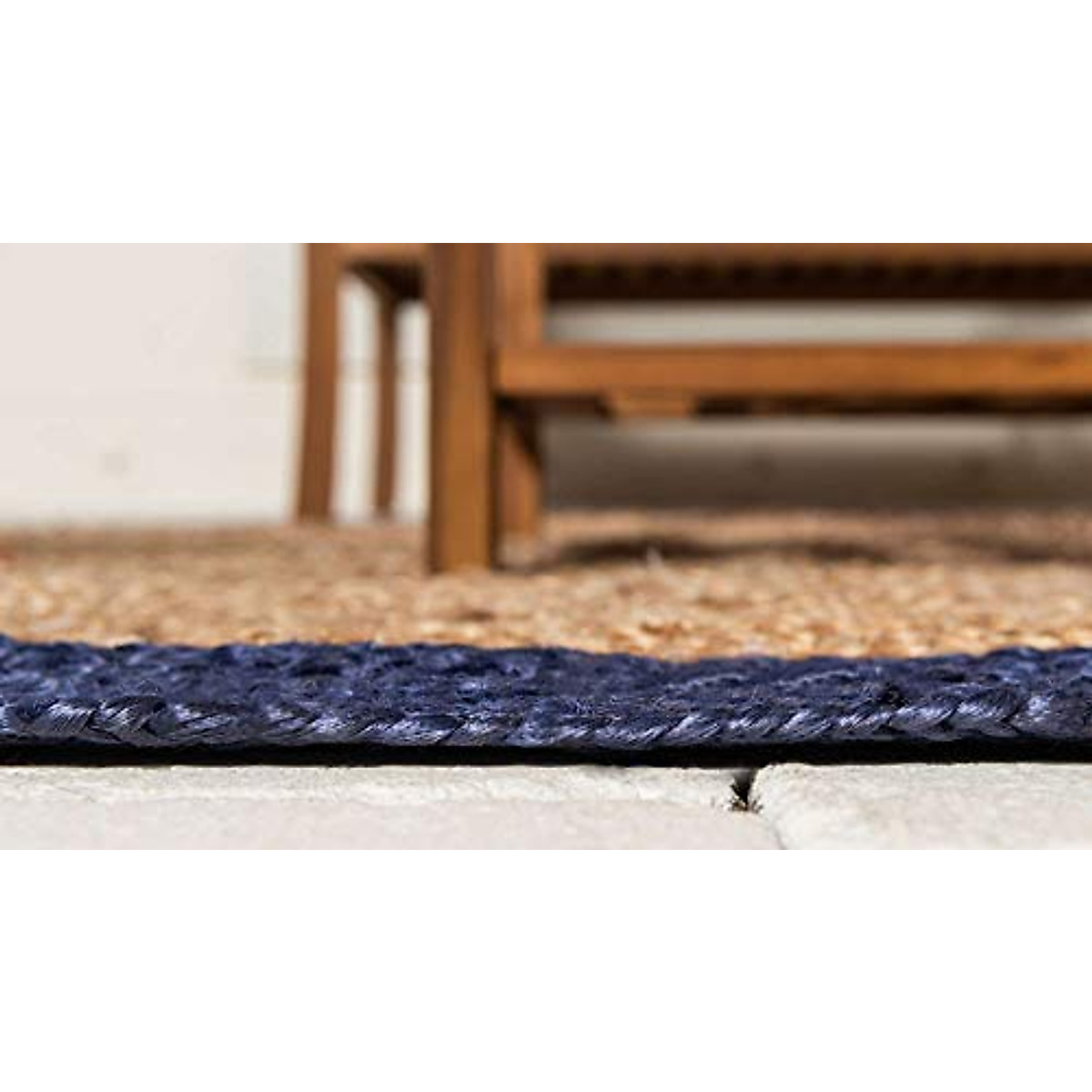 Unique Loom Braided Jute Collection Classic Quality Made Natural Hand Woven with Solid Color Detail Area Rug (8' 0 x 8' 0 Round, Natural/ Navy Blue)