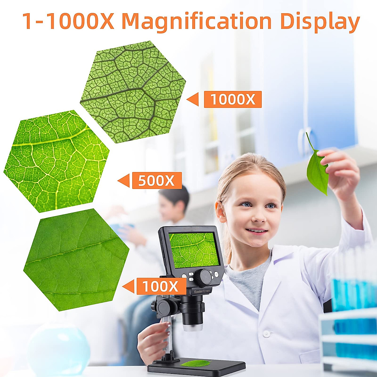 Koolertron 4.3 inch LCD Digital USB Microscope,8MP 1-1000X Magnification Handheld Digital Microscopes,8 LED Light,Rechargeable Battery,Microscope for Coins/Plant/Rock/Circuit Board
