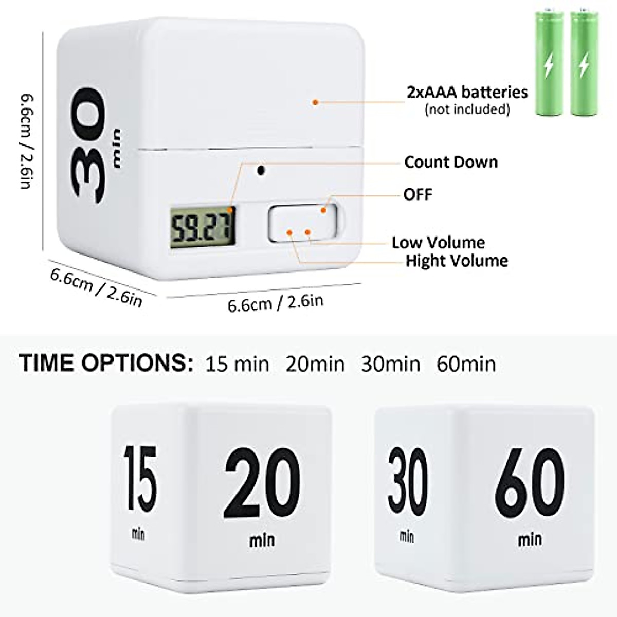 Feilifan Cube Timer, Time Cube Timer Kitchen Timer Kids Timer for ADHD Productivity Workout Flip Timer Classroom for StudyTime Countdown Management Settings 15 20 30 60 Minutes-White