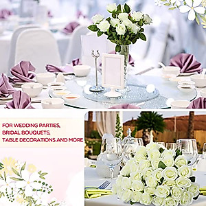 50 Pcs Artificial Rose Flower Realistic Silk Roses with Stem Bouquet of Flowers Plastic Flowers Real Looking Fake Roses for Home Wedding Centerpieces Party Decorations (White)